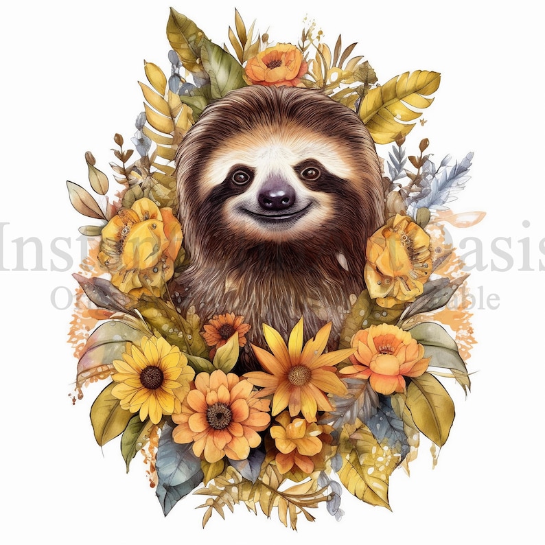 Sunflower Sloth Clipart, 10 High Quality Jpgs, Nursery Art, Digital ...