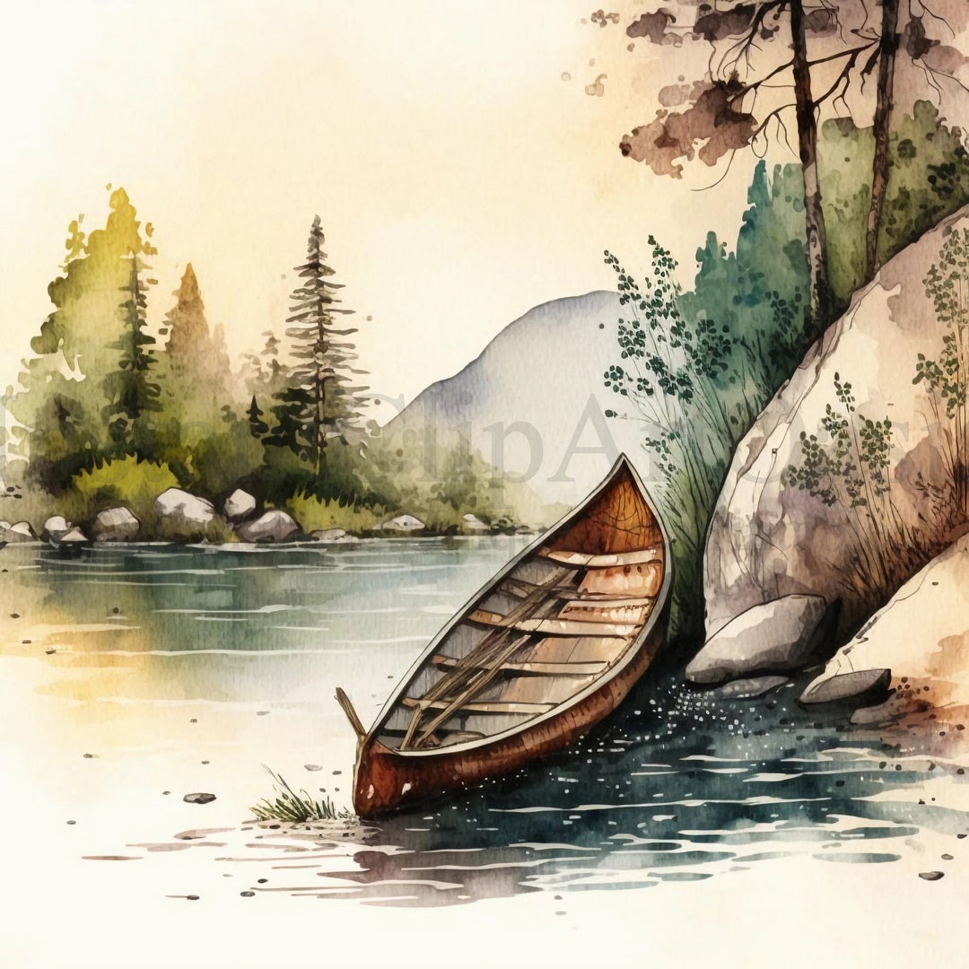 Vintage Canoe Clipart, 9 High Quality Jpgs, Watercolor Art, Digital ...