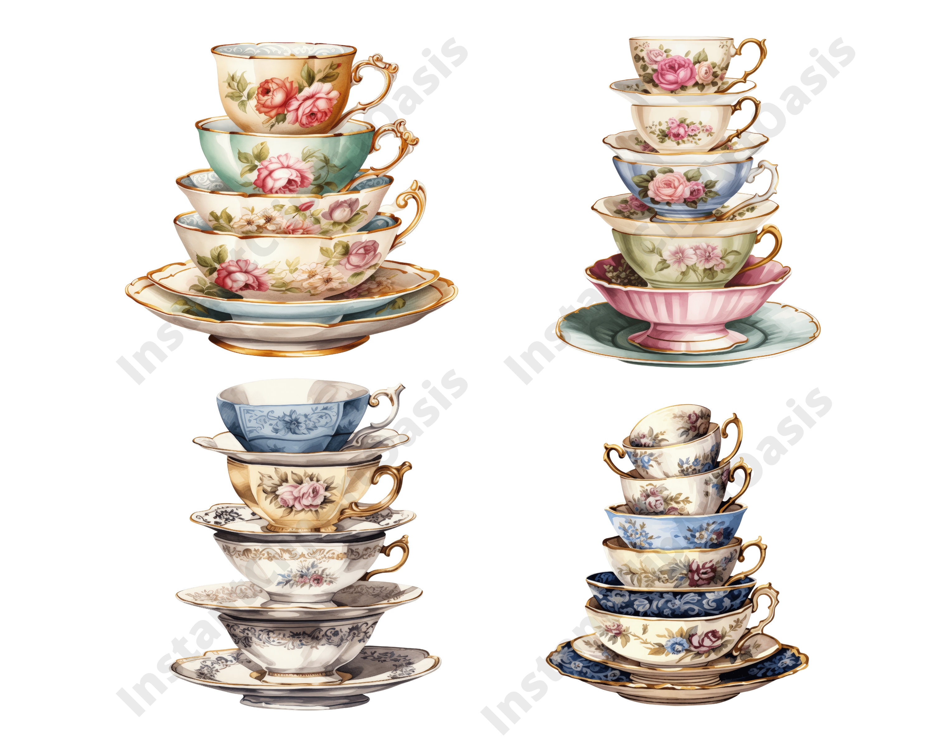 Stack of Tea Cups Clipart, 10 High Quality Pngs, Digital Download ...