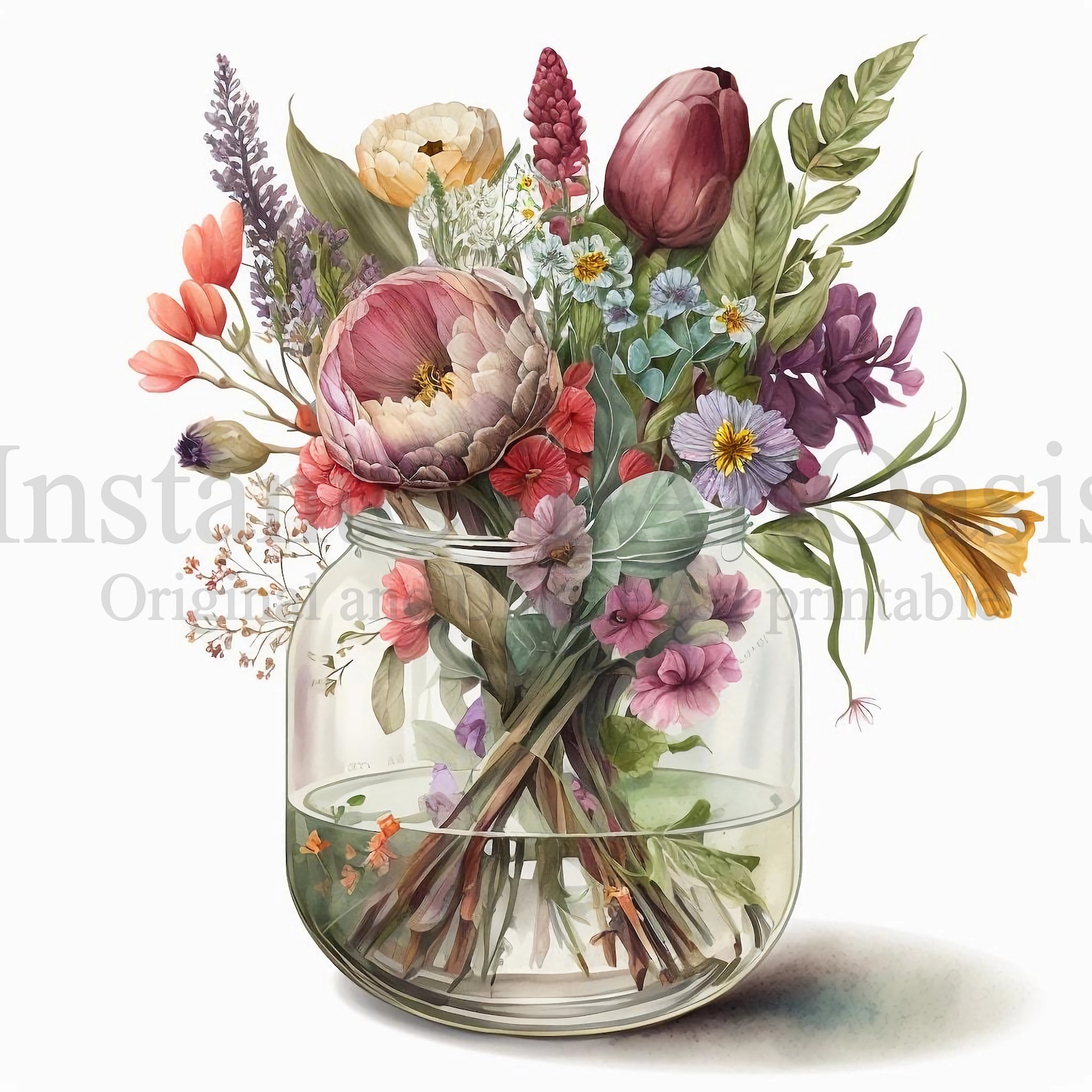 Vase of Flowers Clipart, 10 High Quality Jpgs, Botanical Art, Digital ...