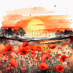 Sunset Poppy Fields Clipart, 10 High Quality Jpgs, Watercolor Art ...