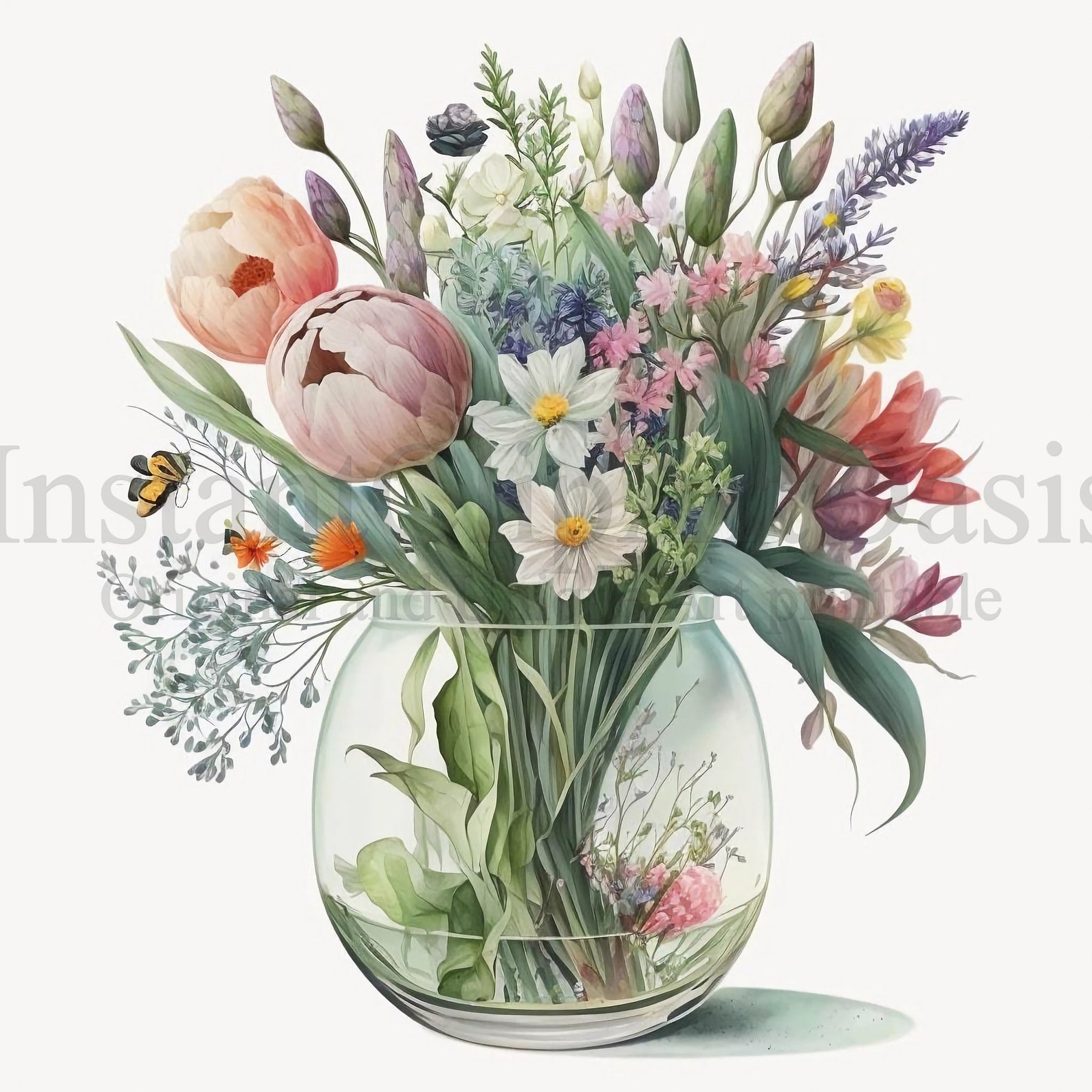 Vase of Flowers Clipart, 10 High Quality Jpgs, Botanical Art, Digital ...