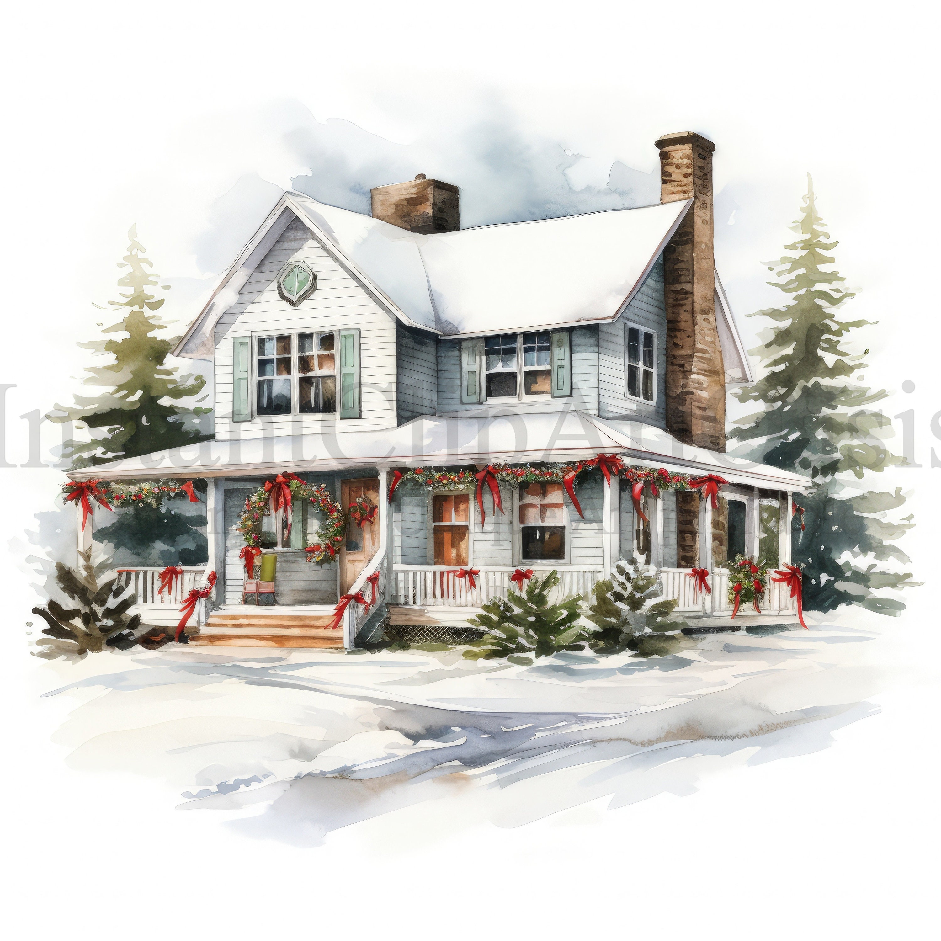 Christmas Farmhouse Clipart - 10 High Quality Jpgs, Watercolor Art ...