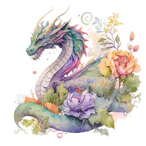 Floral Dragons Clipart, 10 High Quality Pngs, Fantasy Dragon, Instant ...