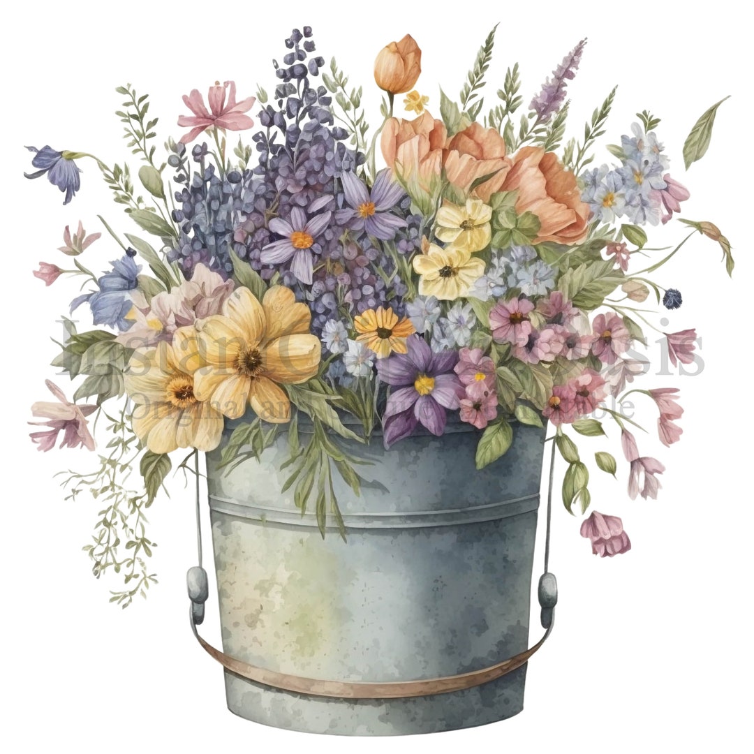 Flower Bucket Clipart, 10 High Quality Pngs, Junk Journaling, Digital ...