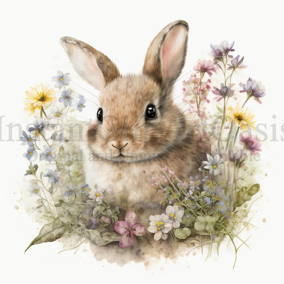 Floral Bunnies Clipart, 10 High Quality Jpgs, Nursery Art, Digital ...
