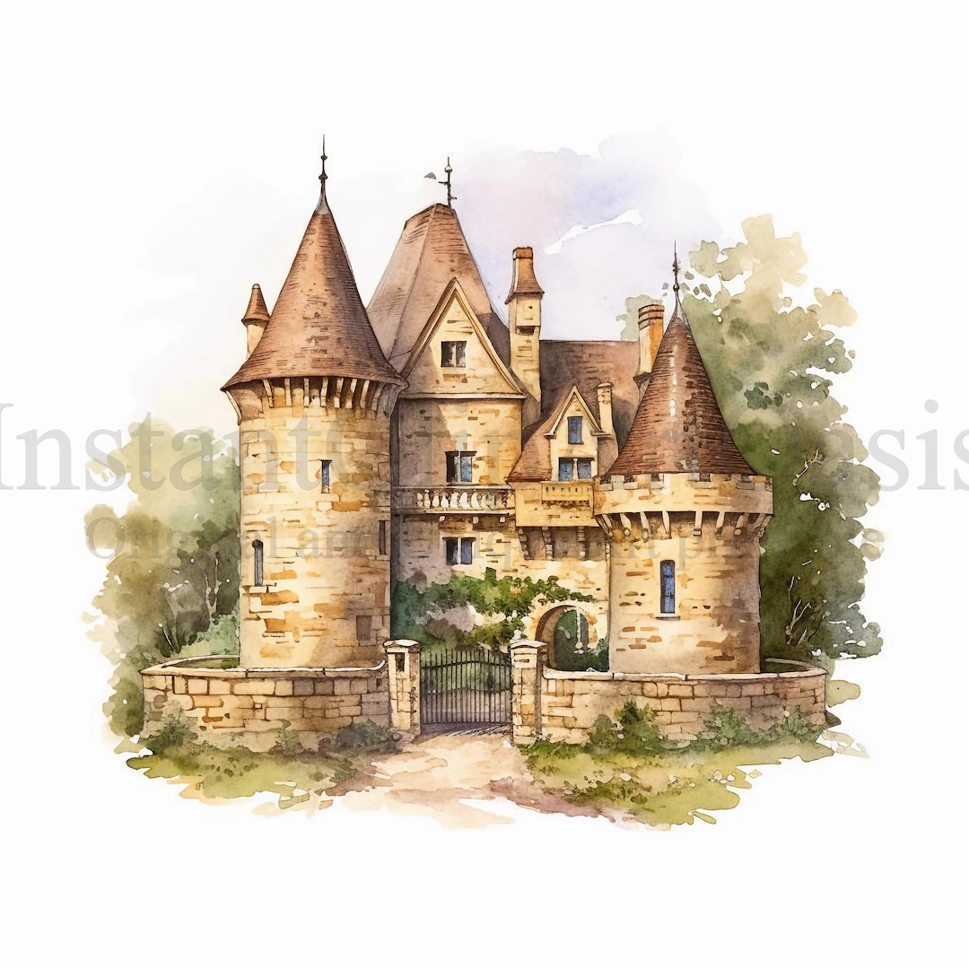 French Castle Clipart, 10 High Quality Jpgs, Watercolor Art, Digital ...