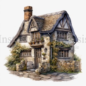 Stone Cottage Clipart, 10 High Quality Jpgs, Watercolor Art, Digital ...