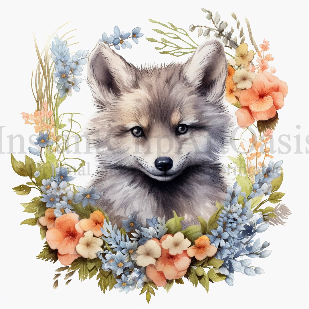 Floral Wolves Clipart, 10 High Quality Jpgs, Nursery Art, Digital ...