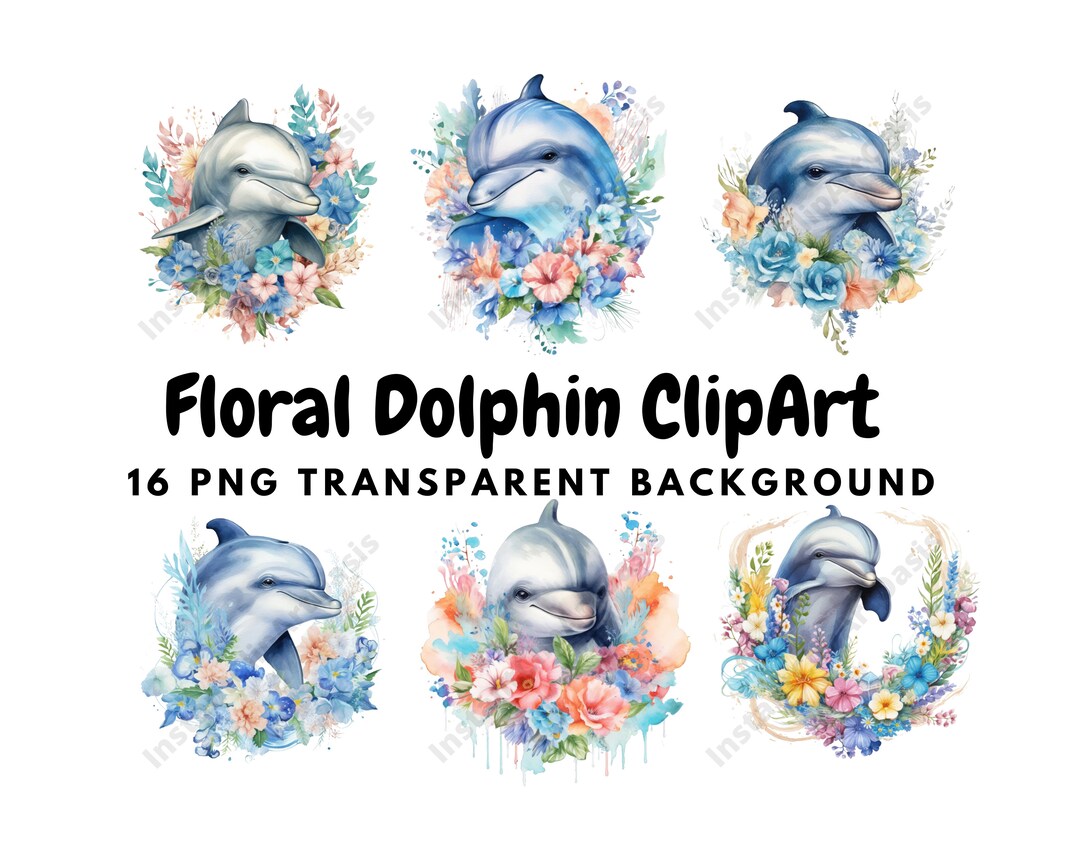 16 High Quality Pngs, Floral Dolphin Clipart, Nursery Art | Card Making ...
