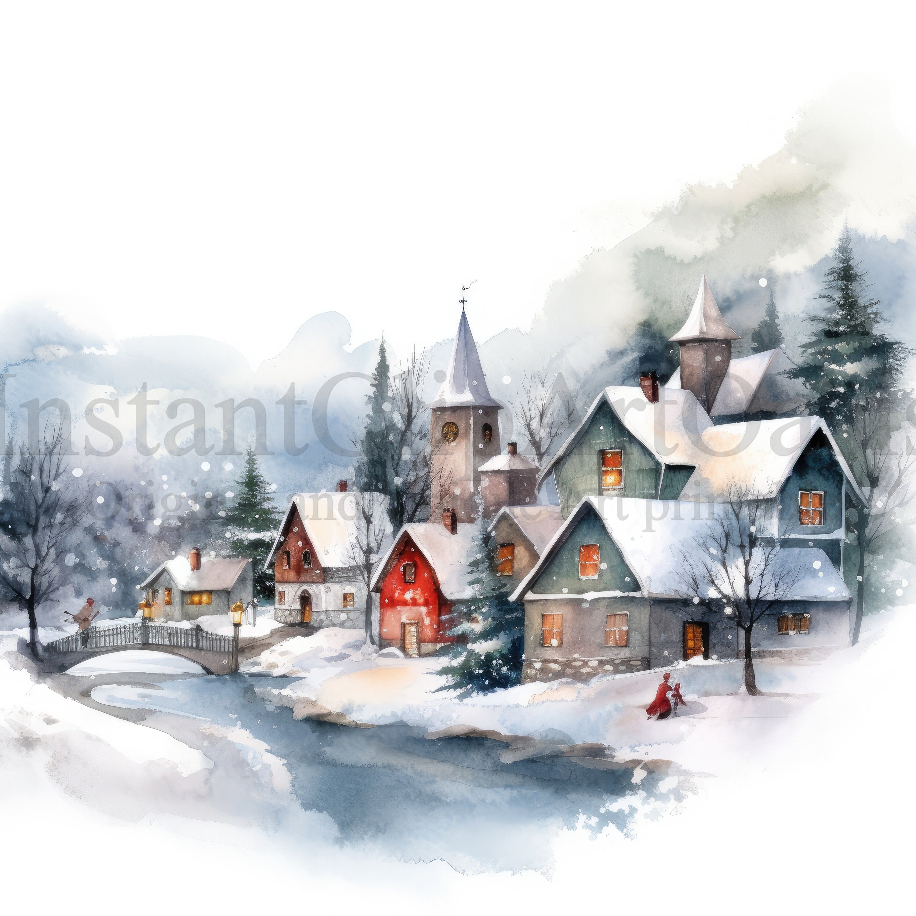 Winter Village Clipart, 10 High Quality Jpgs, Watercolor Art, Digital ...