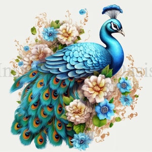 Floral Peacock Clipart, 10 High Quality Jpgs, Nursery Art, Card Making ...