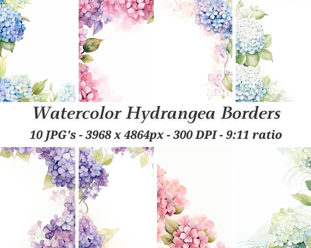 Delicate Hydrangea Borders - 10 High Quality Jpgs, Digital Planner ...