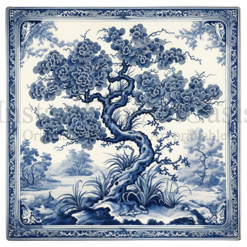 Blue Delft Trees Clipart - 10 High Quality Jpgs, Dutch Tile, Vintage ...