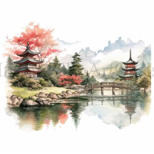 Japanese Landscape Clipart -set 2- 10 High Quality Jpgs, Watercolor Art ...