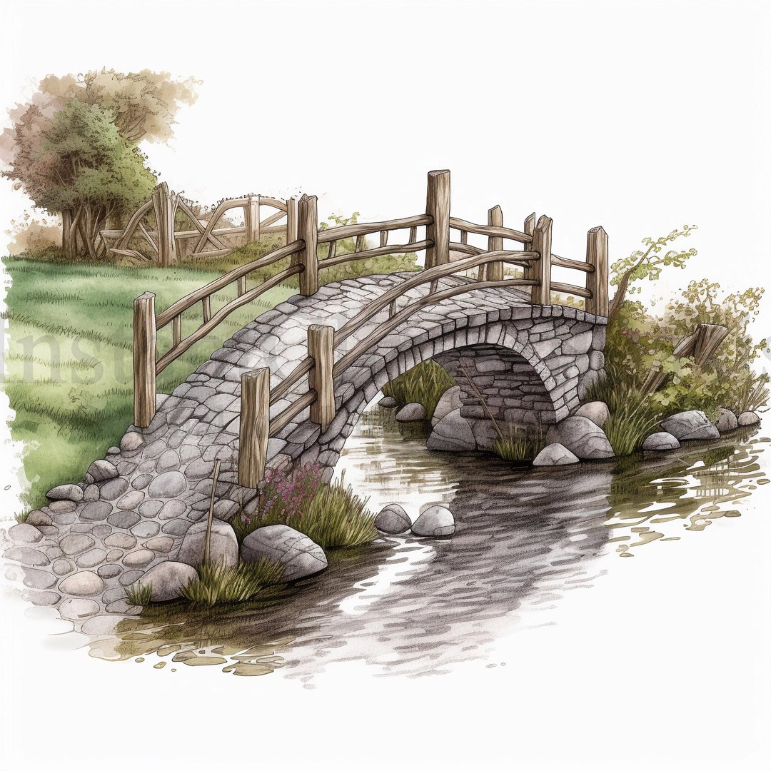 Bridge on River Clipart, 10 High Quality Jpgs, Watercolor Art, Digital ...