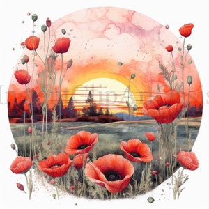 Sunset Poppy Fields Clipart, 10 High Quality Jpgs, Watercolor Art ...