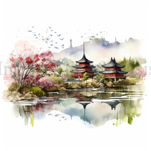 Japanese Landscape Clipart -set 2- 10 High Quality Jpgs, Watercolor Art ...