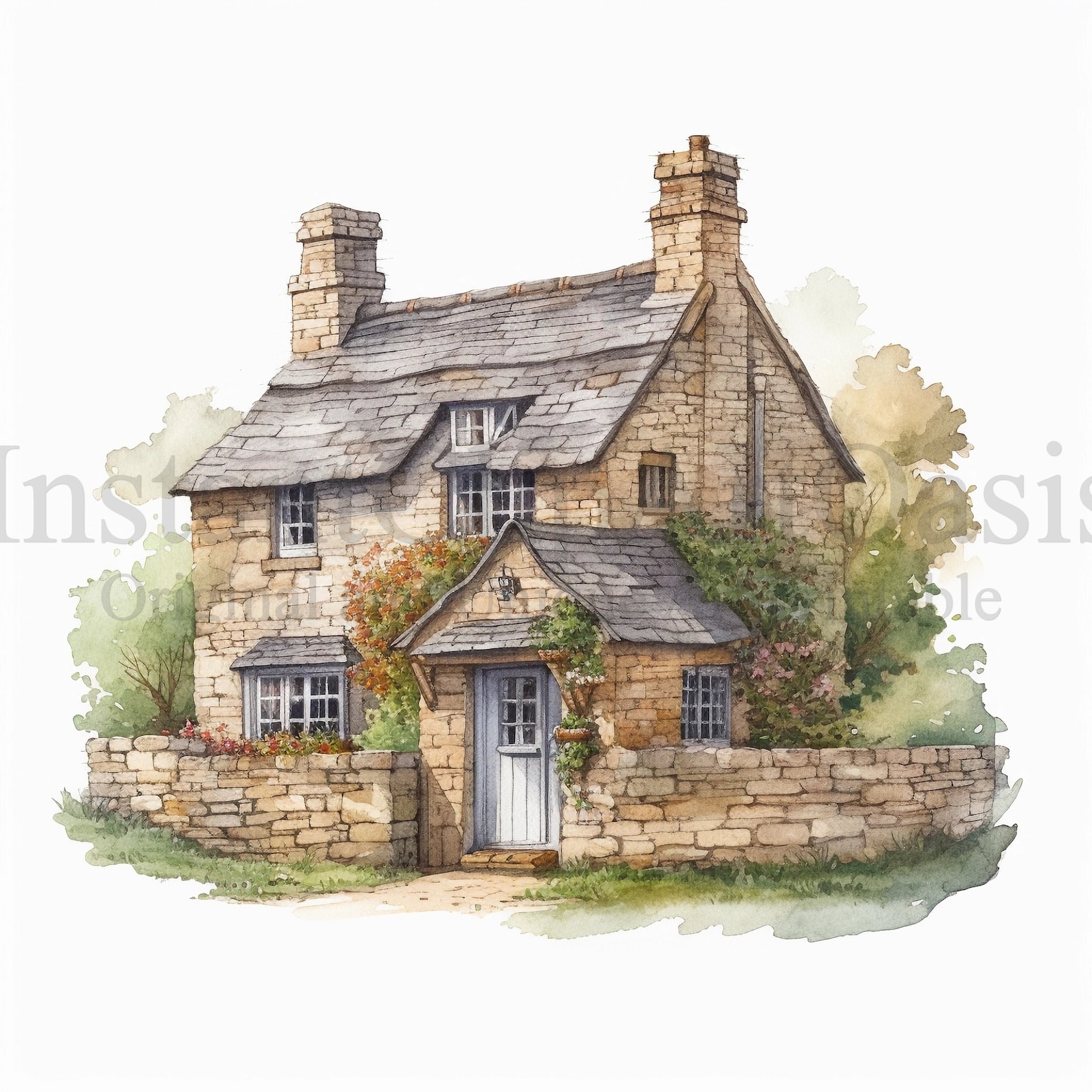 Stone Cottage Clipart, 10 High Quality Jpgs, Watercolor Art, Digital ...