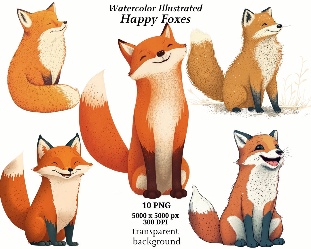 Illustrated Happy Foxes Clipart, 10 High Quality Pngs, Nursery Art ...