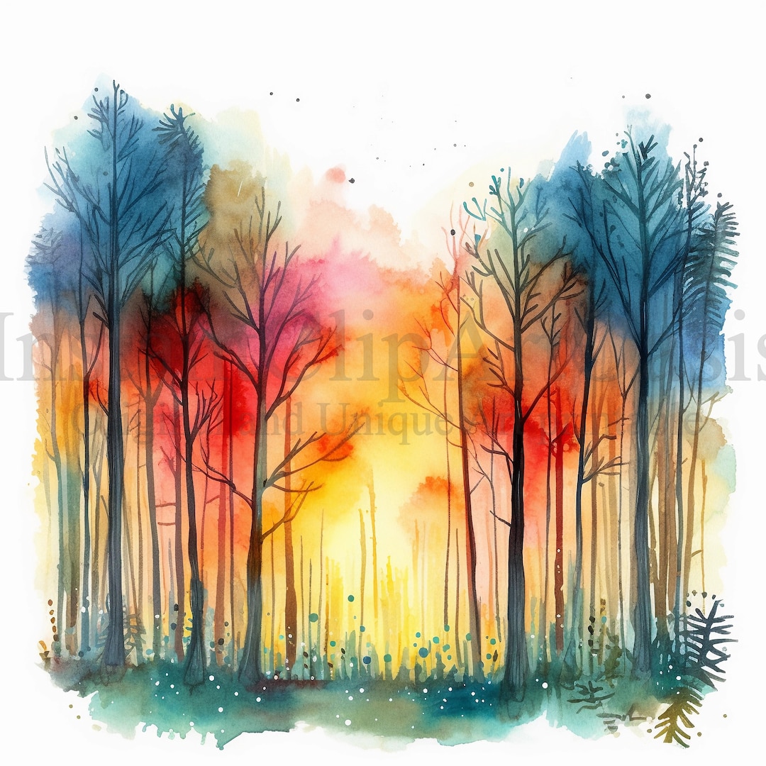Sunset Forest Clipart, 10 High Quality Jpgs, Watercolor Art, Digital ...