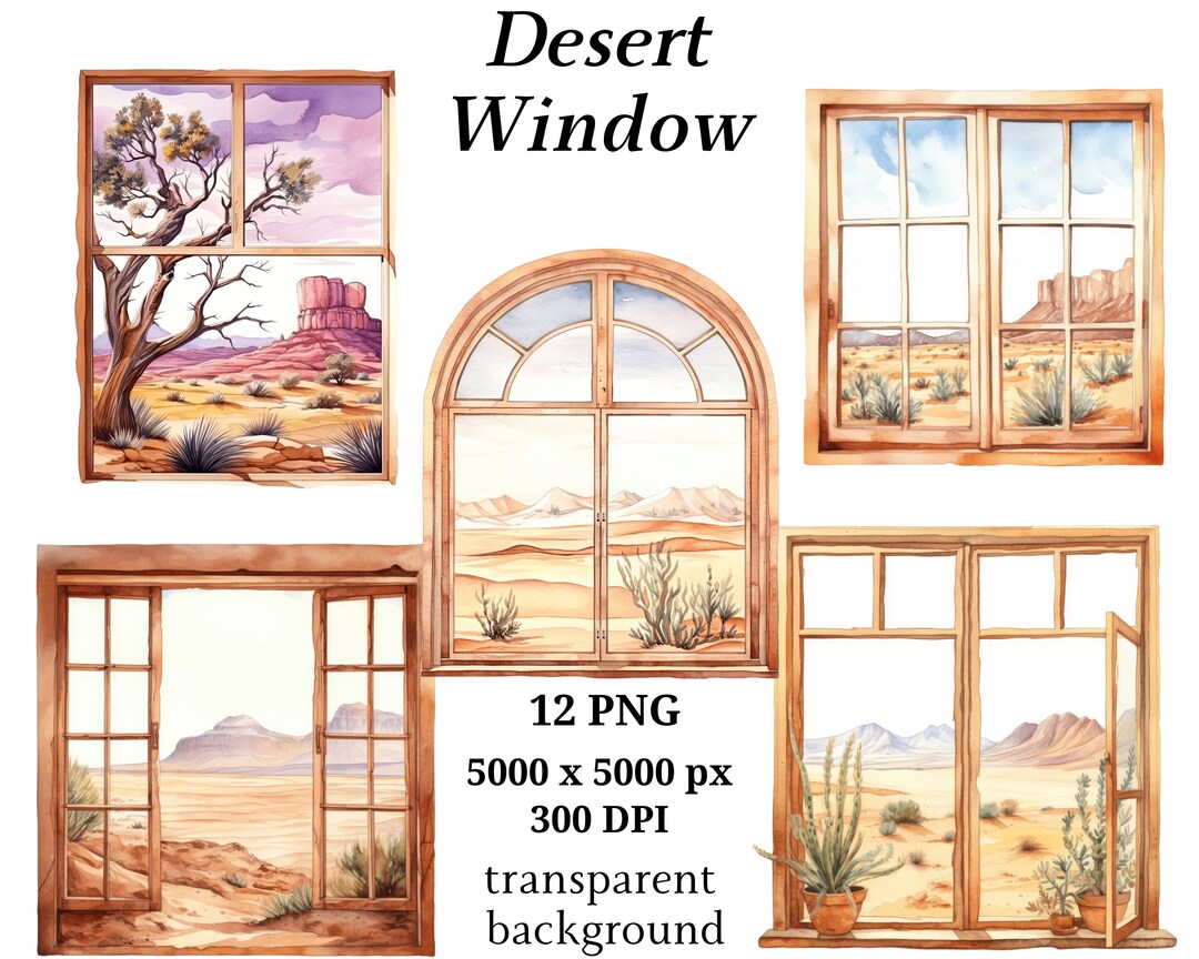 Window on Desert Clipart, 12 High Quality Pngs, Watercolor Art, Digital ...