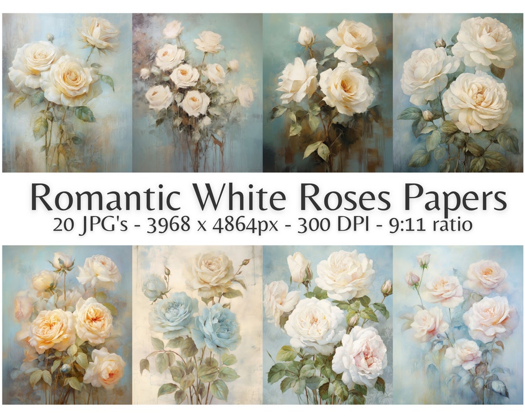 Romantic White Roses Papers, 20 High Quality Jpgs, Vintage Illustration ...