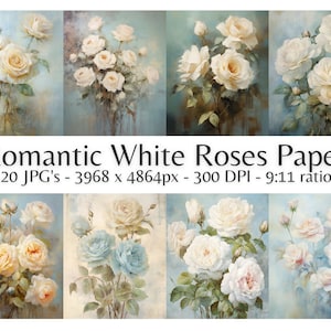 Romantic White Roses Papers, 20 High Quality Jpgs, Vintage Illustration ...