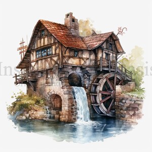 Watermill Clipart, 10 High Quality Jpgs, Watercolor Art, Digital ...