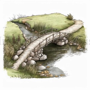 Bridge on River Clipart, 10 High Quality Jpgs, Watercolor Art, Digital ...