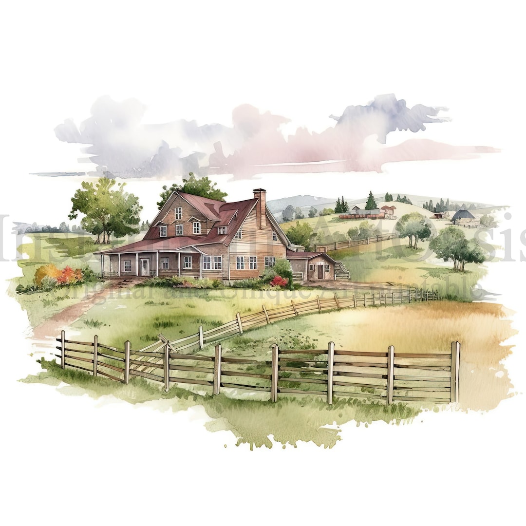 Farmhouse Clipart, 10 High Quality Jpgs, Watercolor Art, Digital ...