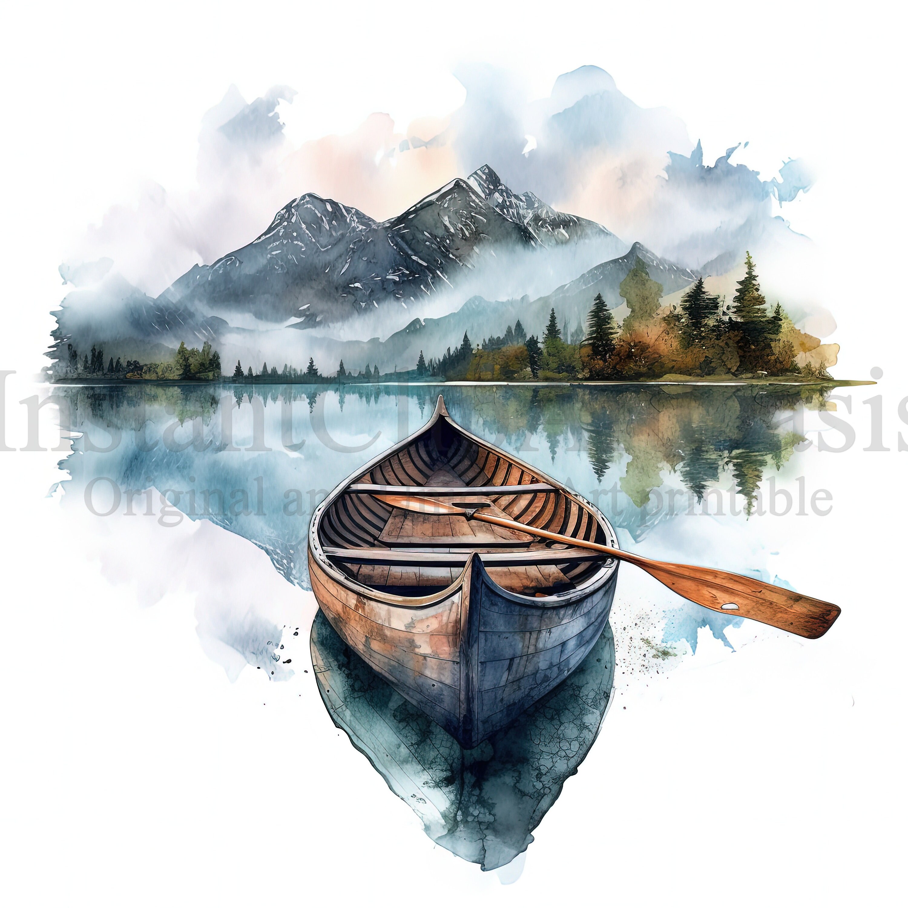 Canoe in Lake Clipart, 10 High Quality Jpgs, Watercolor Art, Digital ...