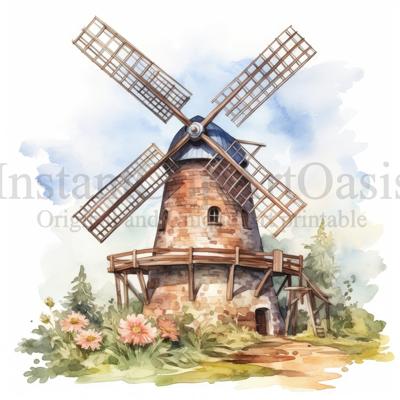 Watercolor Windmill Clipart, 11 High Quality Jpgs, Watercolor Art ...