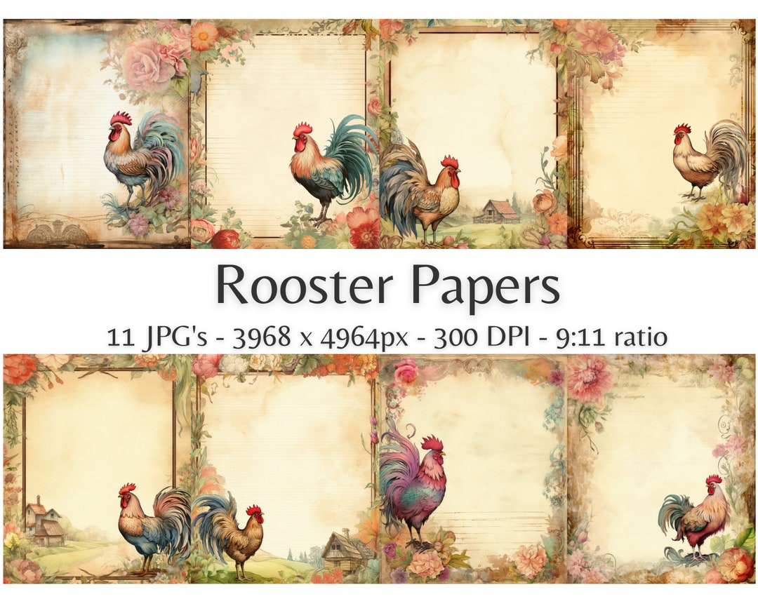 Farm Rooster Papers, 11 High Quality Jpgs, Junk Journal Papers, Vintage ...