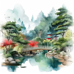 Japanese Landscape Clipart -set 2- 10 High Quality Jpgs, Watercolor Art ...