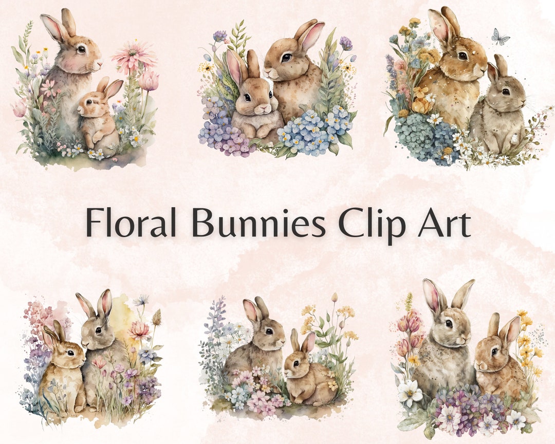 Floral Bunnies Clipart | Set 2 | 10 High Quality Pngs, Nursery Art ...