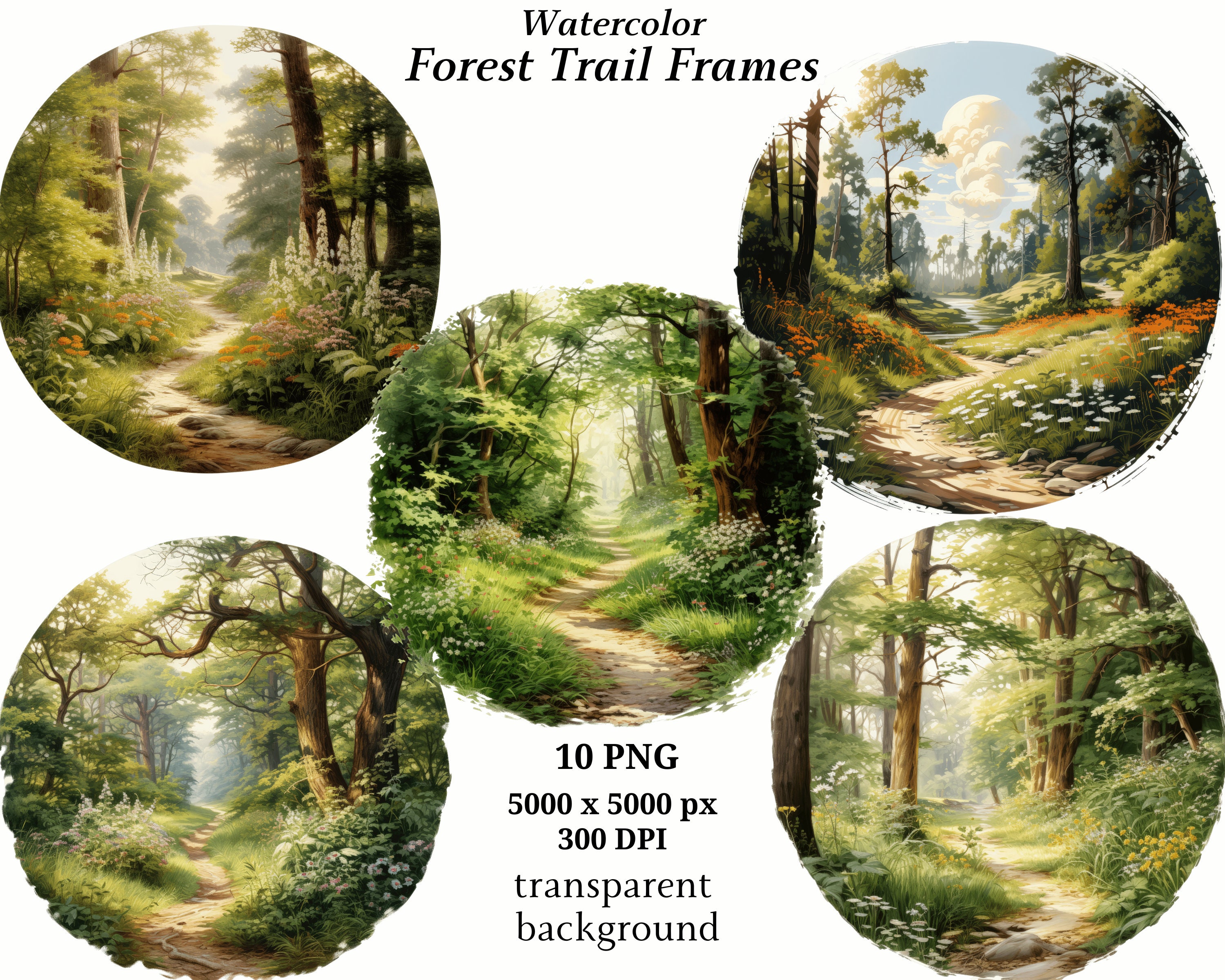 Forest Trail Frames Clipart, 10 High Quality Pngs, Watercolor Art ...