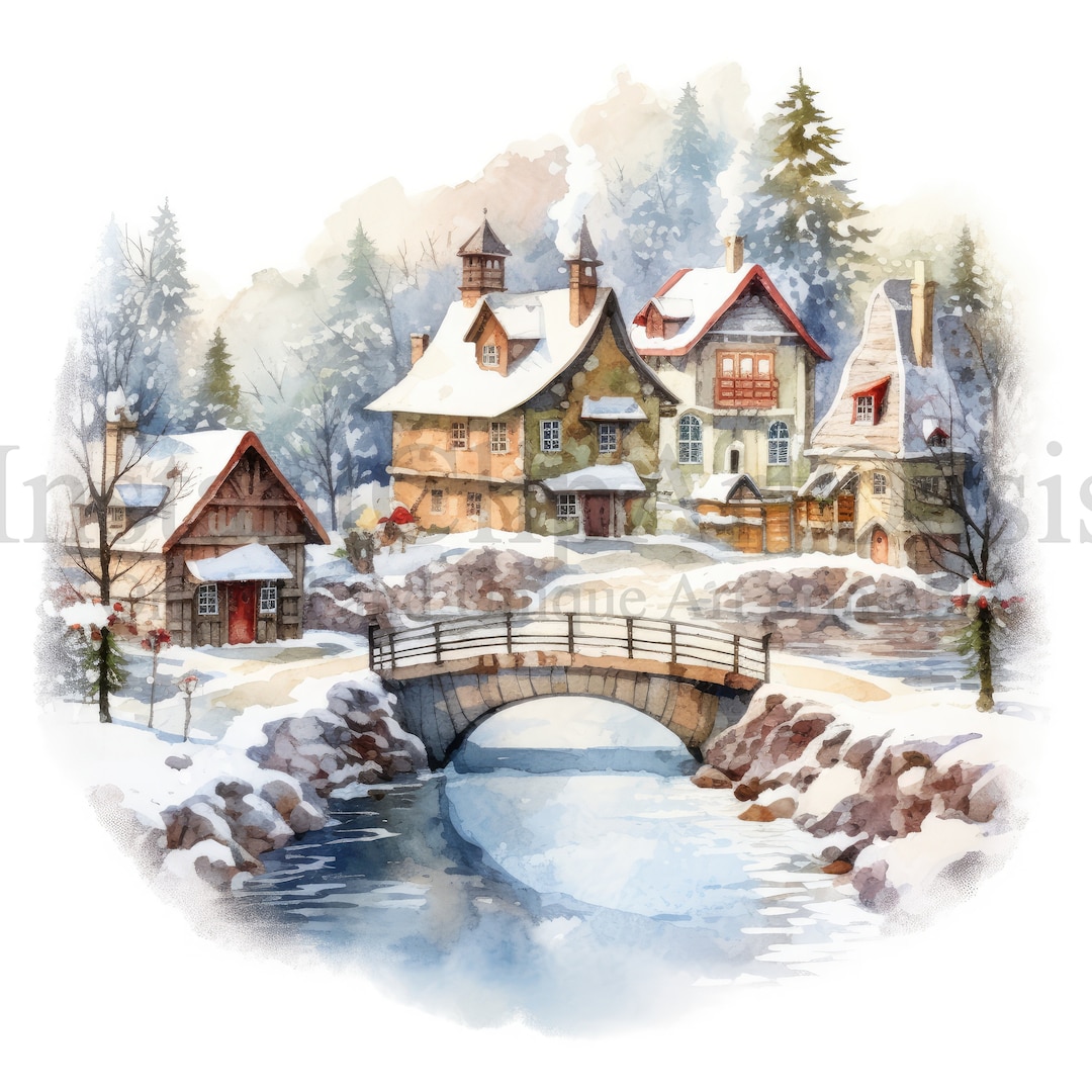 Winter Village Clipart, 10 High Quality Jpgs, Watercolor Art, Digital ...