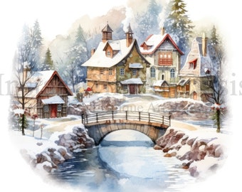 Watercolor Winter Village Clipart | Holiday JPG Images (digital ...