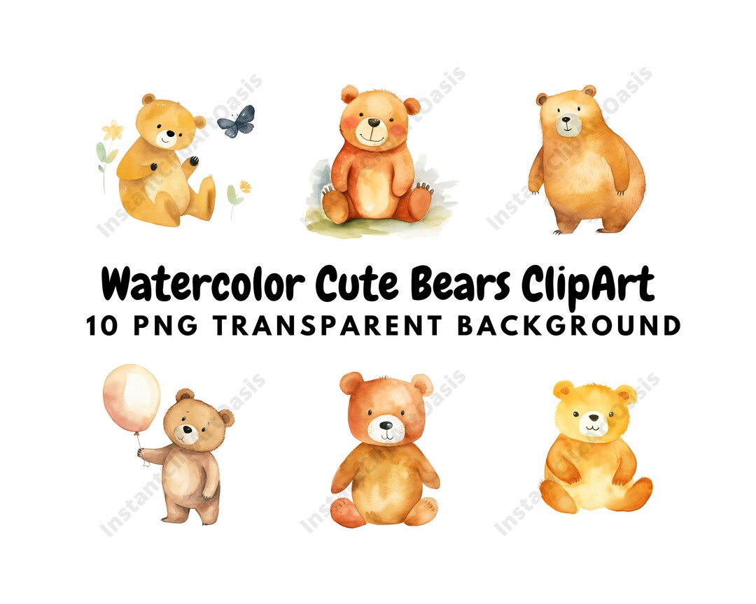 Watercolor Cute Bears Clipart, 10 High Quality Pngs, Cute Bear Clipart ...