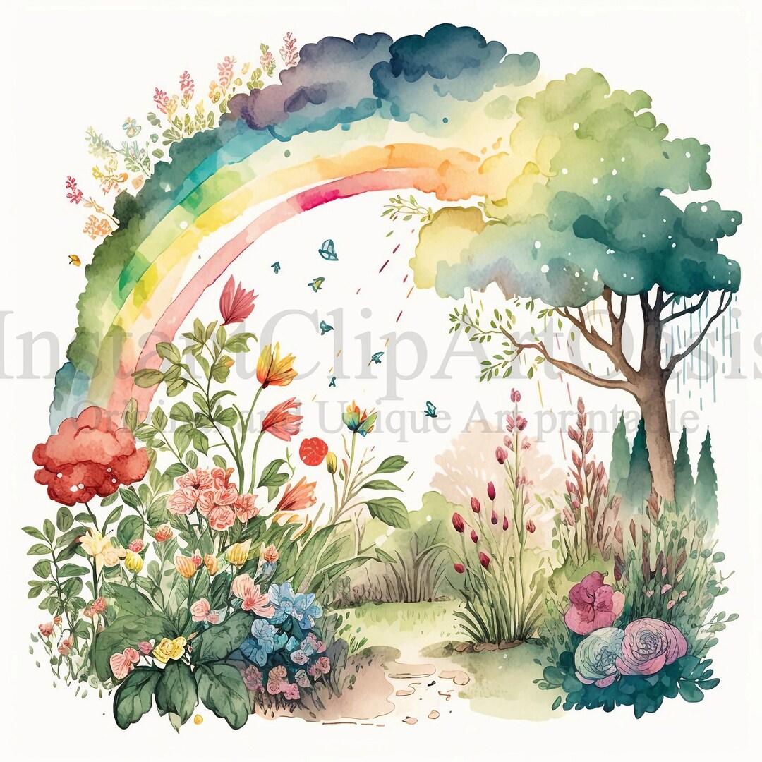Rainbow Meadow Clipart, 9 High Quality Jpgs, Watercolor Art, Digital ...
