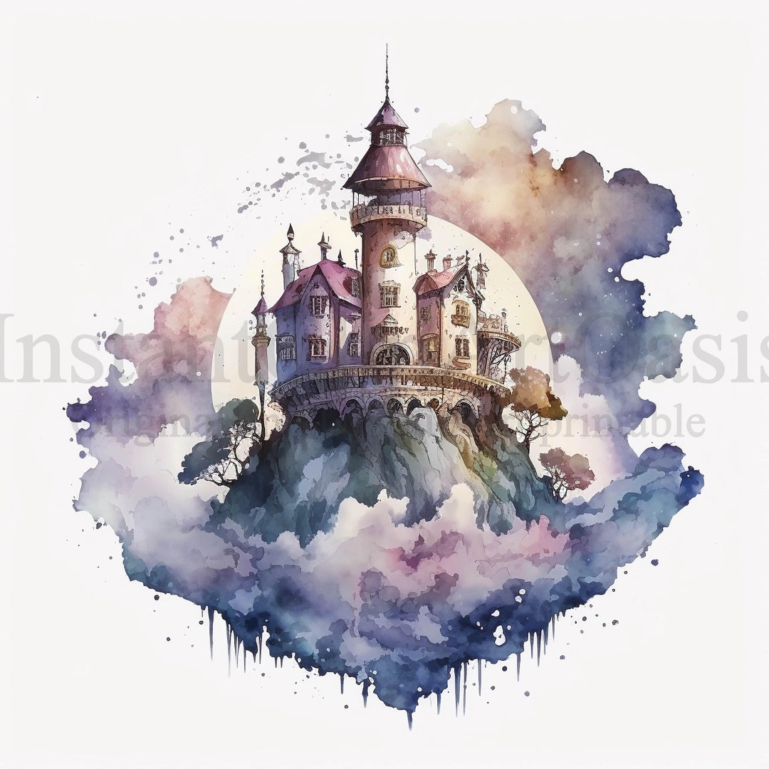 Sky Castle Clipart, 10 High Quality Jpgs, Watercolor Art, Digital ...