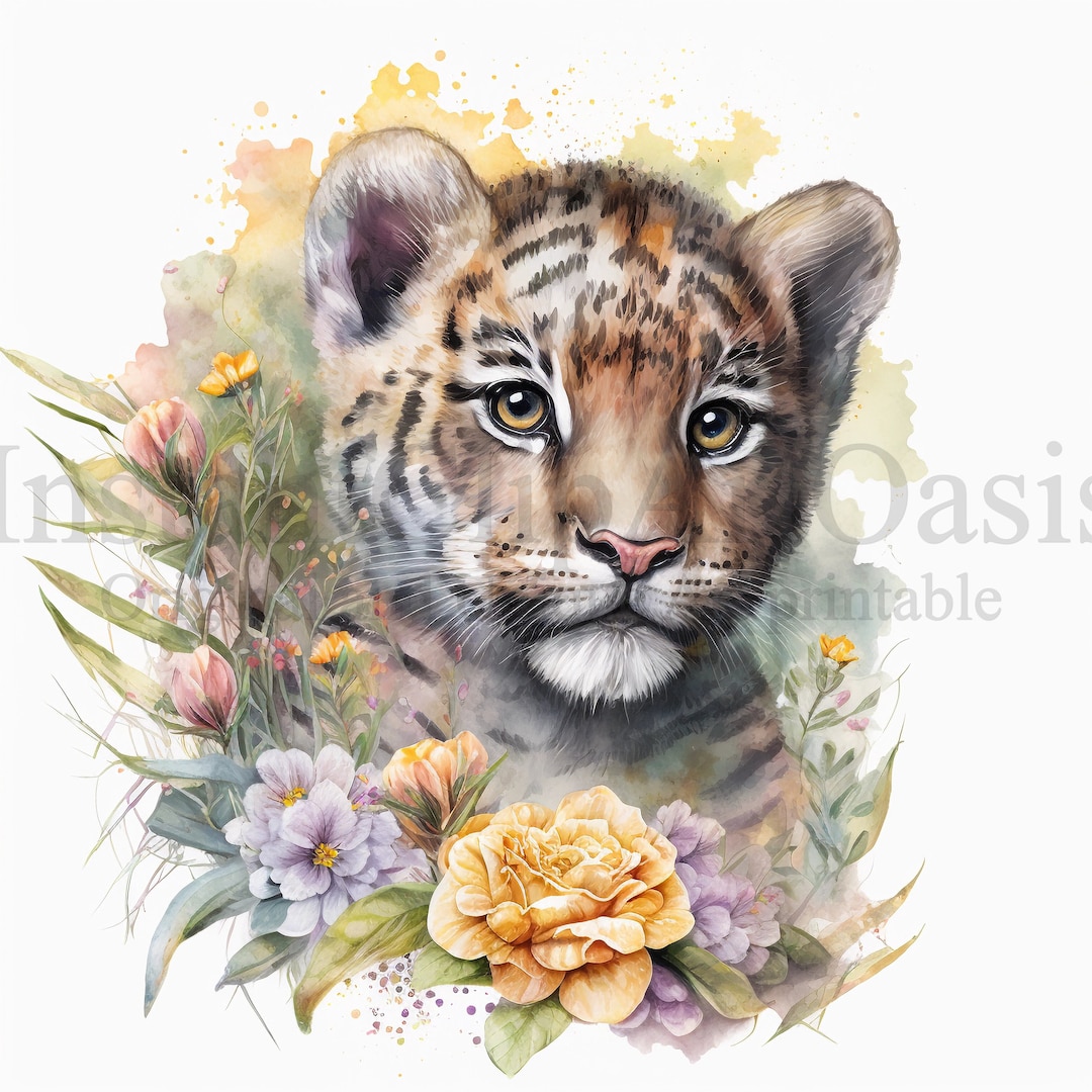 Floral Tigers Clipart, 10 High Quality Jpgs, Nursery Art, Digital ...