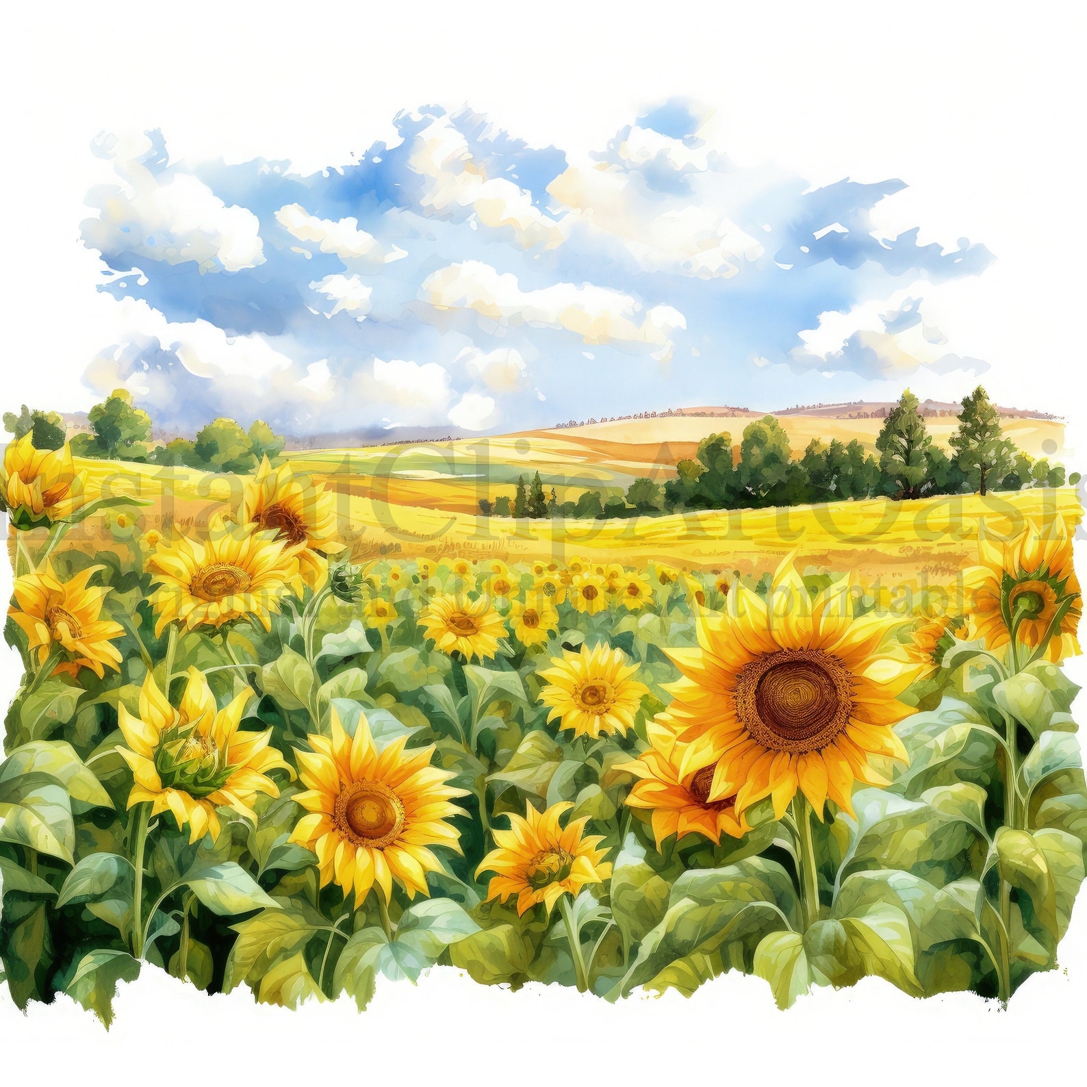 Sunflowers Fields Clipart, 10 High Quality Jpgs, Watercolor Art ...