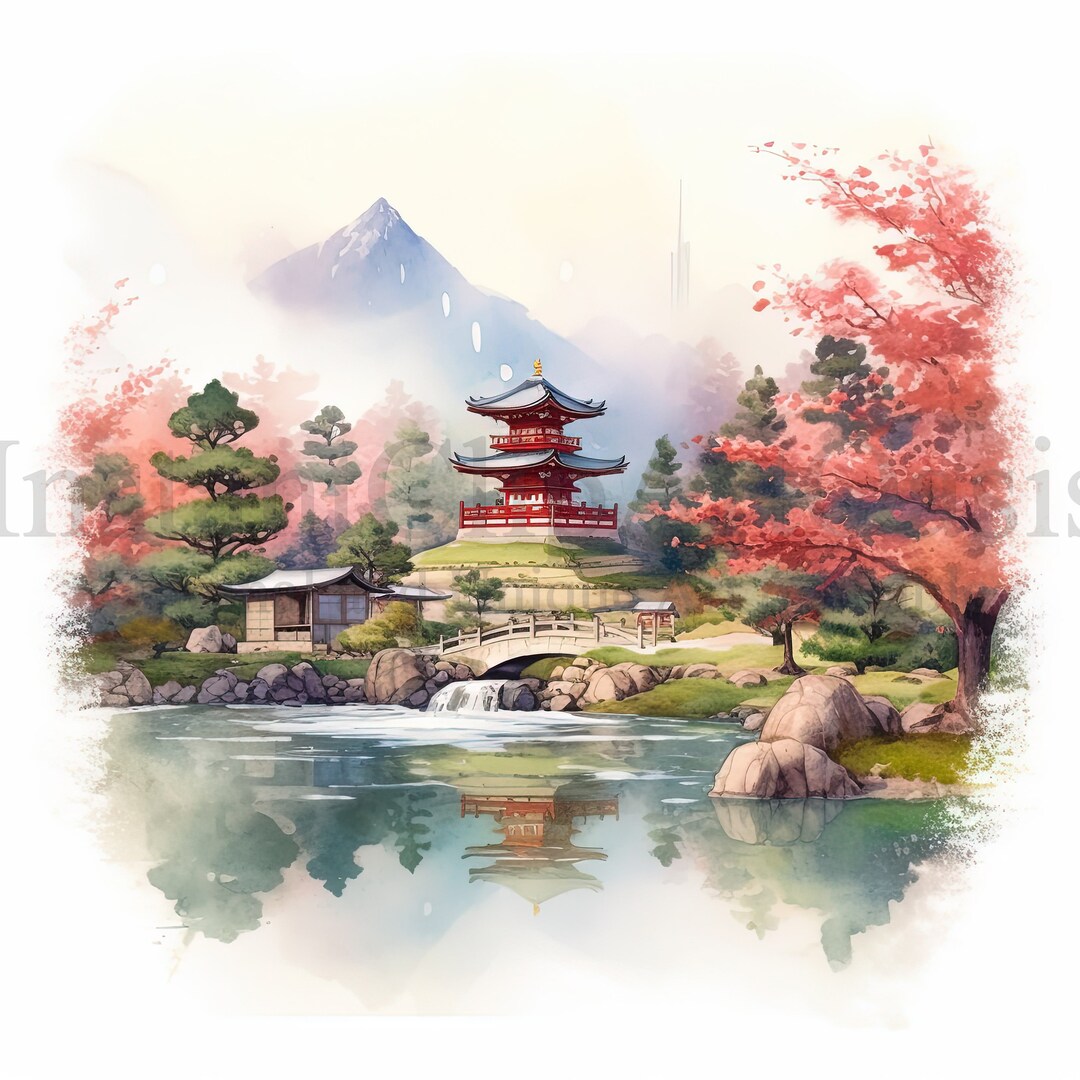Japanese Landscape Clipart -set 2- 10 High Quality Jpgs, Watercolor Art ...
