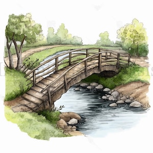 Bridge on River Clipart, 10 High Quality Jpgs, Watercolor Art, Digital ...