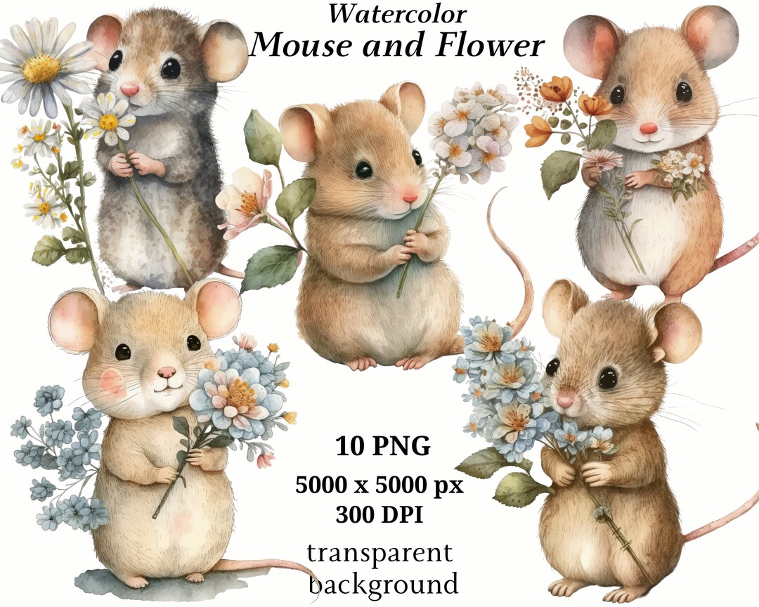 Mouse and Flowers Clipart - 10 High Quality Pngs, Digital Planners, Junk Journals, Digital ...