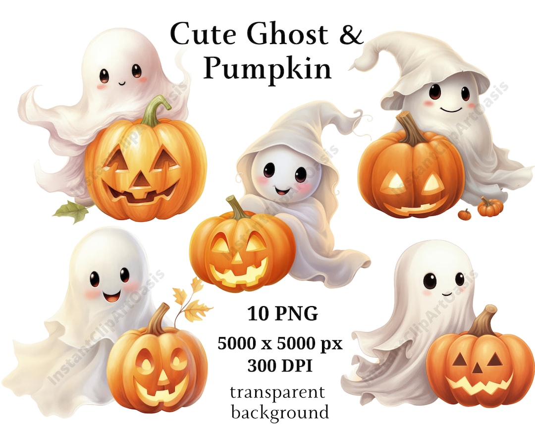 Cute Ghost & Pumpkin Clipart, 10 High Quality Pngs, Digital Planner ...