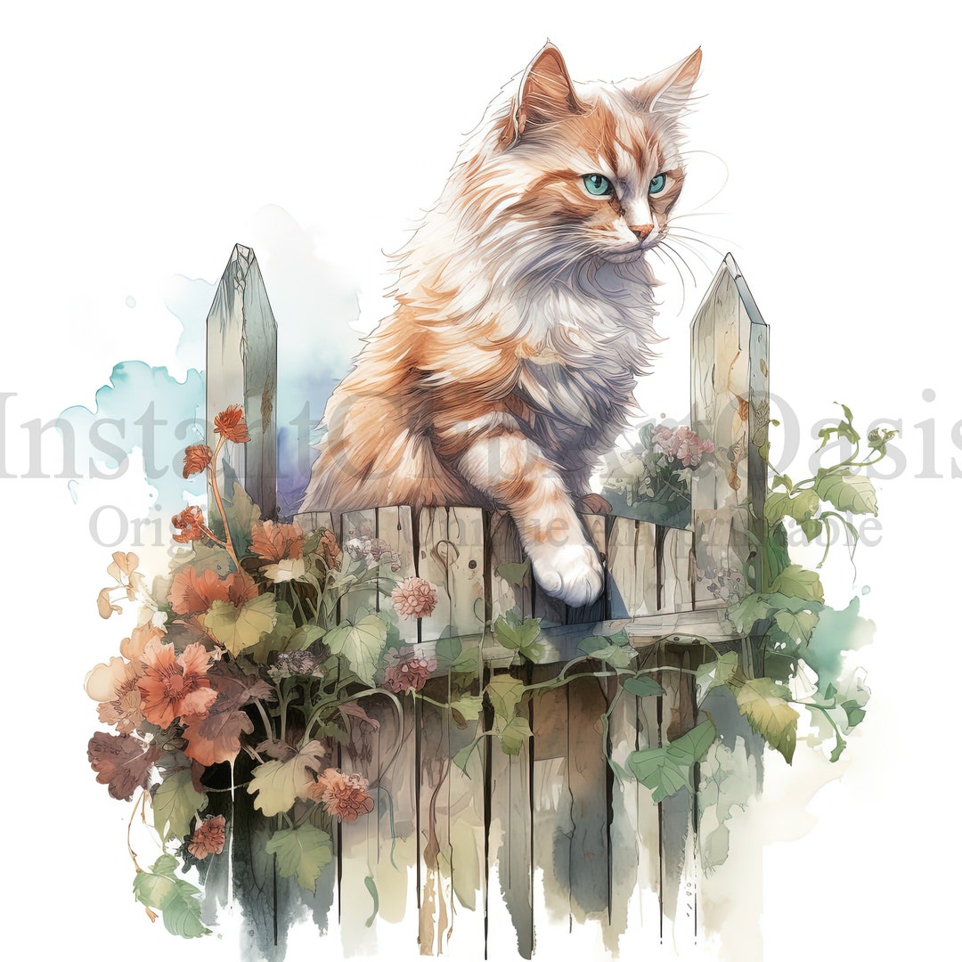 Cats on Fence Clipart, 10 High Quality Jpgs, Digital Download, Card ...
