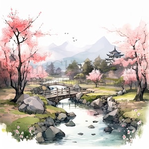 Japanese Landscape Clipart -set 2- 10 High Quality Jpgs, Watercolor Art ...